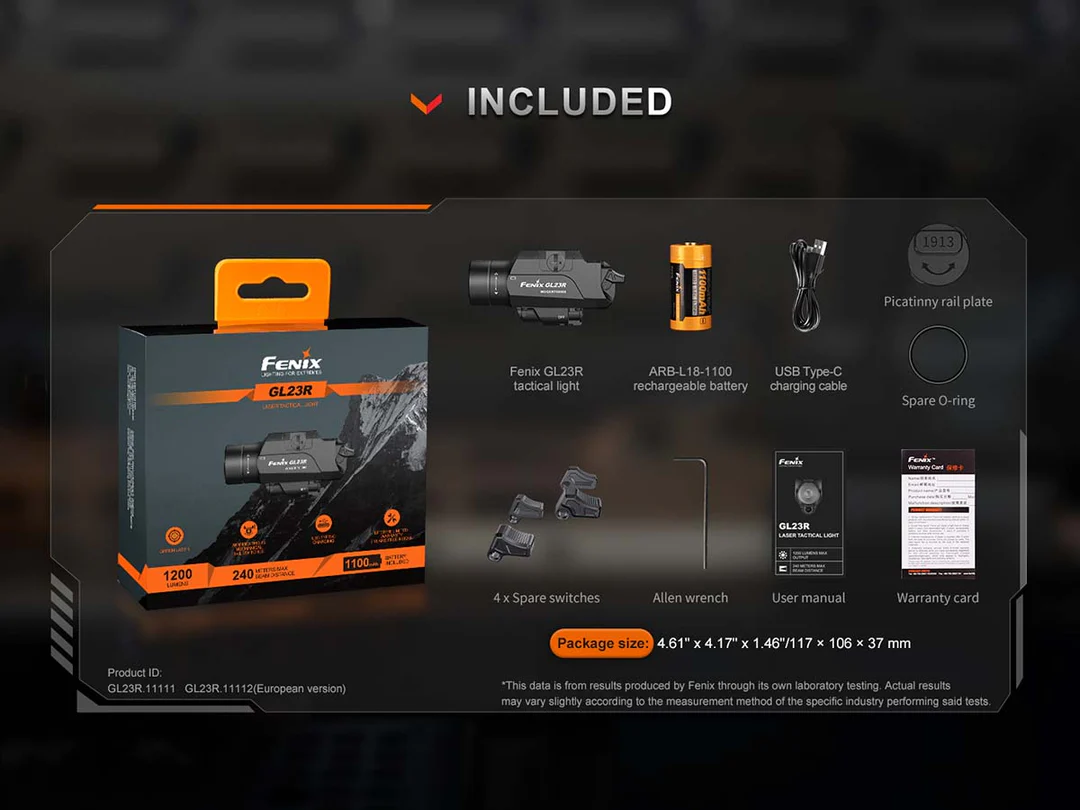 FENIX GL23R RECHARGEABLE WEAPON LIGHT WITH GREEN LASER